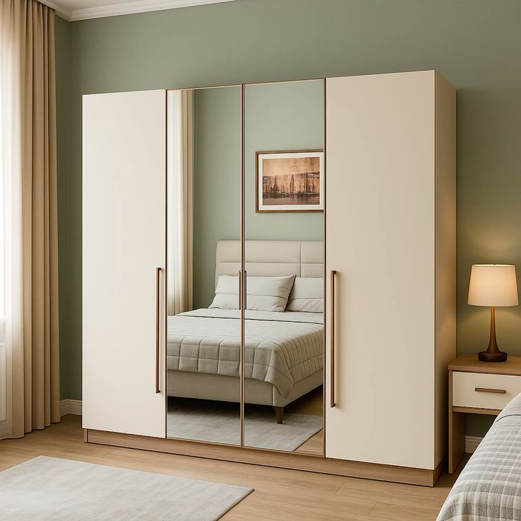 4-Door Off-White Mirror Wardrobe for Bedroom